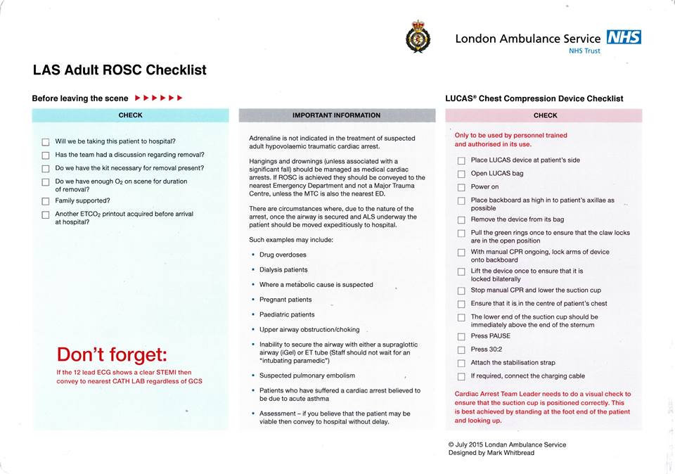 NHS Checklist - LAS master checklist for adult cardiac arrest
