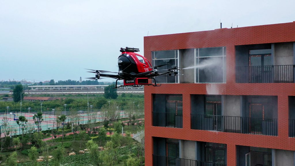 Firefighting drones, drill in a high-rise building of the Laixi Fire ...